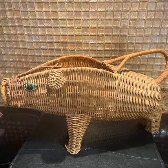 Vintage | Dining | Pig Wicker Basket Wine Bottle Holder Decanter Rack ...